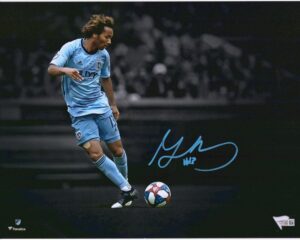 gianluca busio sporting kansas city autographed 11" x 14" blue spotlight photograph - autographed soccer photos