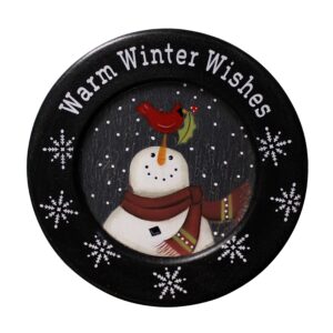 cvhomedeco. snowman and little bird decorative plate primitives vintage round display wooden plate home décor art, 9-3/4 inch