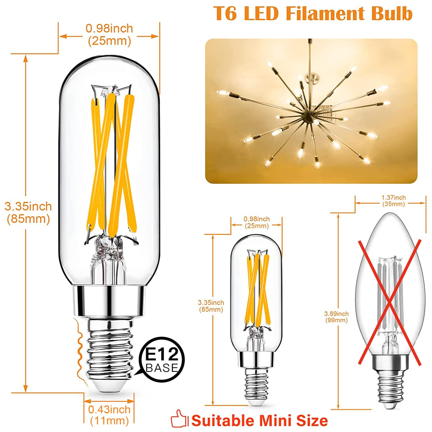 Mlambert 12 Pack E12 LED Edison Bulb,4W Equal 40W e12 Candelabra Bulb 2700K,Dimmable T6 T25 LED Bulb,E12 Bulb,Small Bulb for Chandelier,not E26 Base