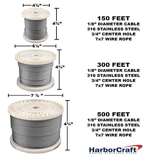 HarborCraft 500 Feet of 1/8" 316 Stainless Steel Wire Rope Aircraft Cable for Deck Cable Railing Kits DIY Balustrades 7x7