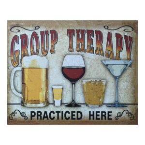 group therapy, practiced here - bar wall art, this funny vintage drinking & alcohol themed wall art print is ideal for home decor, man cave decor, dorm decor, pub decor. great gift! unframed - 10 x 8