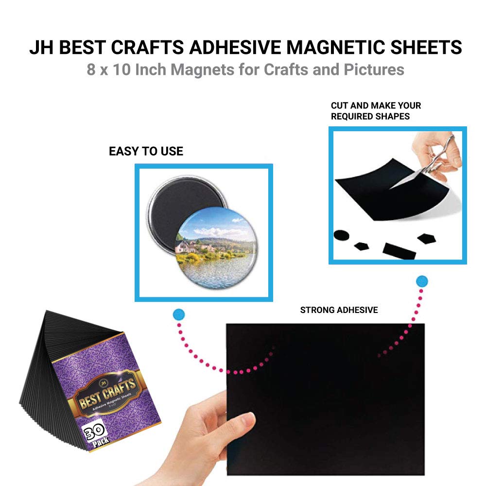 JH Best Crafts Adhesive Magnetic Sheets | Flexible Magnet with Adhesive Backing | 8 x 10 Inch Magnets for Crafts and Pictures | Cut to Any Size | Pack of 30