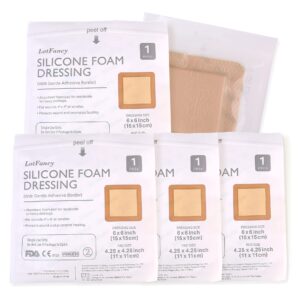 LotFancy Silicone Foam Dressing, 6"x 6" (4.3" x 4.3" Pad), 10 Count, Wound Dressing with Border, Bed Sores, Pressure Ulcers Healing Bandage Pad, Highly Absorbent, Waterproof