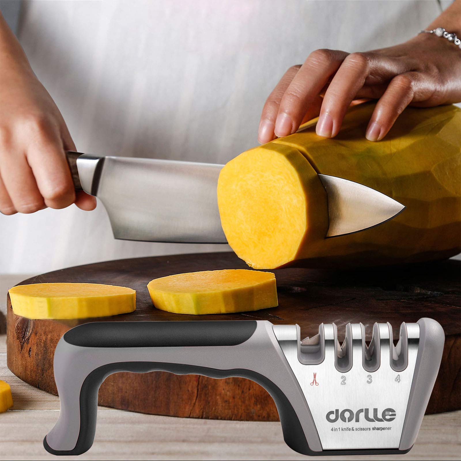 Dorlle Knife Sharpener, Upgraded 4-Stage Manual Chef Knife Sharpener to Help Repair, Restore and Polish Blades （Black）