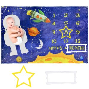 kemina blankets baby monthly milestone blanket boy, milestone blanket for baby boy, outer space baby blanket nursery includes photography prop, space, boy milestone blanket 60x40