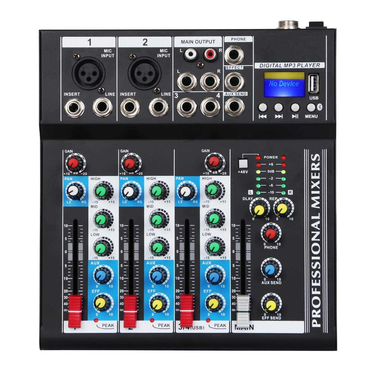 Depusheng HT4 Bluetooth Compatible Professional Portable Digital DJ Console w/USB 4 Channel Mixer Audio Interface-Mixing Boards For Studio Recording, Black