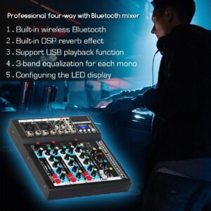 Depusheng HT4 Bluetooth Compatible Professional Portable Digital DJ Console w/USB 4 Channel Mixer Audio Interface-Mixing Boards For Studio Recording, Black