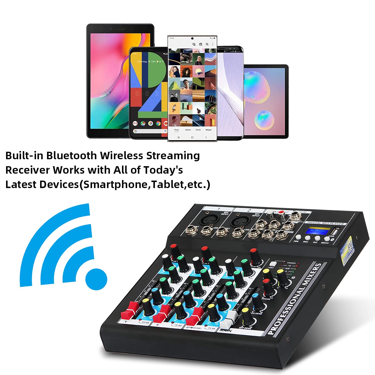 Depusheng HT4 Bluetooth Compatible Professional Portable Digital DJ Console w/USB 4 Channel Mixer Audio Interface-Mixing Boards For Studio Recording, Black