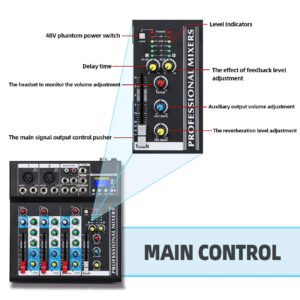 Depusheng HT4 Bluetooth Compatible Professional Portable Digital DJ Console w/USB 4 Channel Mixer Audio Interface-Mixing Boards For Studio Recording, Black