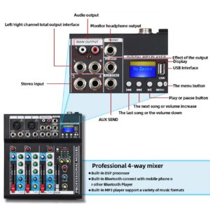 Depusheng HT4 Bluetooth Compatible Professional Portable Digital DJ Console w/USB 4 Channel Mixer Audio Interface-Mixing Boards For Studio Recording, Black