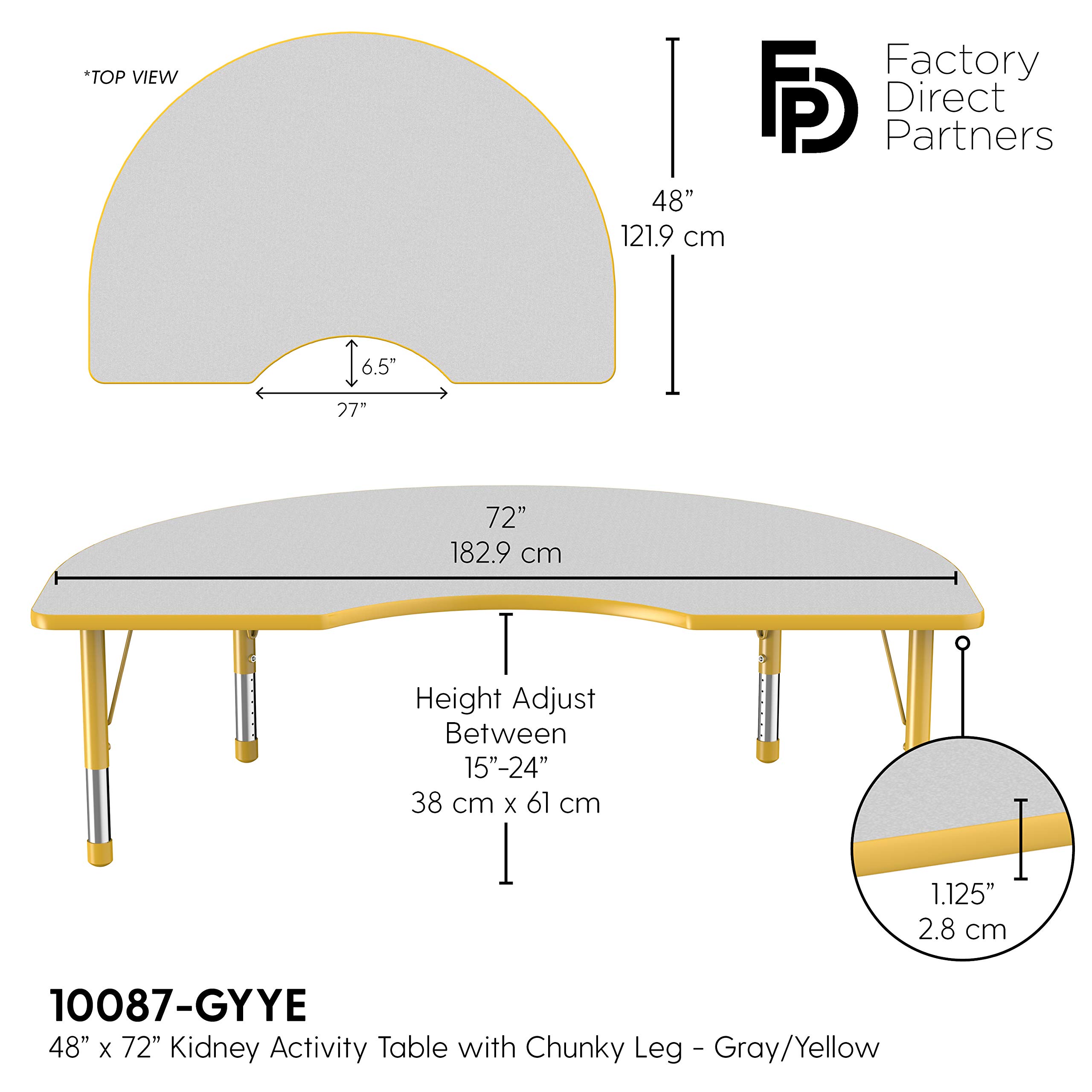 Factory Direct Partners 10087-GYYE Kidney Activity School and Classroom Kids Table (48" x 72"), Toddler Legs, Adjustable Height 15-24" - Gray Top and Yellow Edge