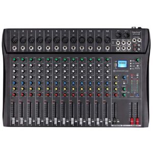 depusheng dt12 studio audio mixer 12-channel dj sound controller interface w/usb drive for computer recording input, xlr microphone jack, 48v power, rca input/output for professional and beginners