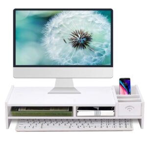 monitor stand riser, computer laptop riser shelf with organizer drawer (white, 19"l x 8"w x 4"h)