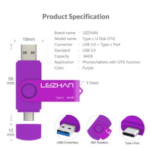 leizhan 64GB Type C USB Flash Drive USB 3.0 USB C Phone Picture Stick for Samsung Galaxy S10,S9,S8,S8 Plus, Note 9, Google Pixel XL, Purple