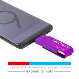 leizhan 64GB Type C USB Flash Drive USB 3.0 USB C Phone Picture Stick for Samsung Galaxy S10,S9,S8,S8 Plus, Note 9, Google Pixel XL, Purple