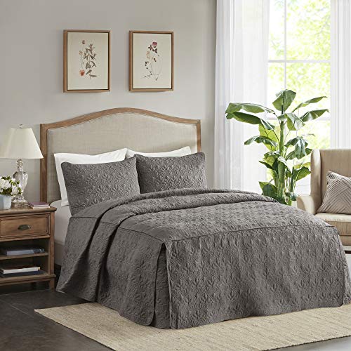 Madison Park Quebec Split Corner Quilted Bedspread Classic Traditional Design All Season, Lightweight, Bedding Set, Matching Shams, Queen(60" x80+24D), Damask Quilted Dark Grey 3 Piece