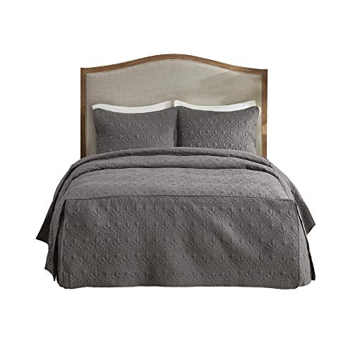 Madison Park Quebec Split Corner Quilted Bedspread Classic Traditional Design All Season, Lightweight, Bedding Set, Matching Shams, Queen(60" x80+24D), Damask Quilted Dark Grey 3 Piece