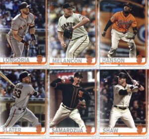 2019 topps complete (series 1 & 2) baseball san francisco giants team set of 20 cards: dereck rodriguez(#4), brandon crawford(#53), brandon belt(#148), hunter strickland(#153), johnny cueto(#154), buster posey(#157), steven duggar(#190), will smith(#203),