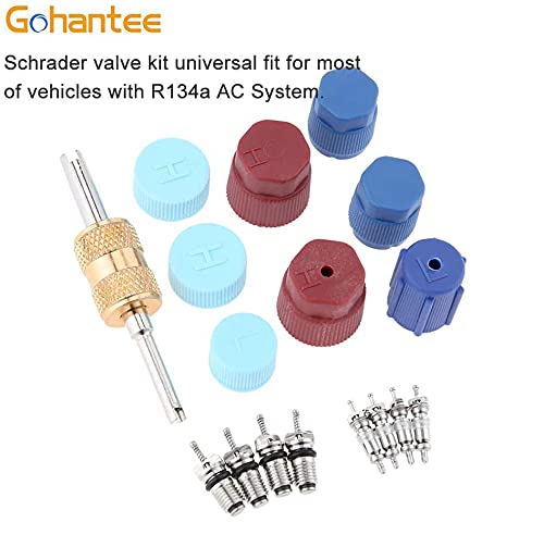 gohantee 17Pcs Air Conditioning Valve Core Kit Schrader Valve Cores Accessories A/C R12 R134a Refrigeration Valve Stem Core Rmover Tool HVAC System Seal Caps Kit