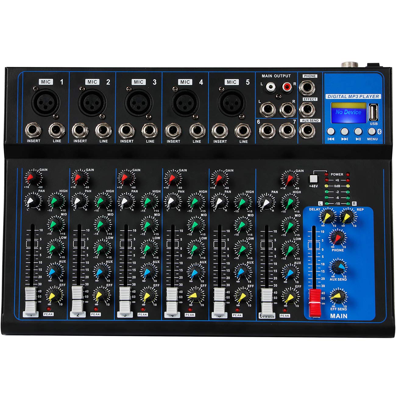 Depusheng HT7 Bluetooth Portable Audio Mixer w/USB DJ Sound Mixing Console MP3 Jack 48V Power for Computer Recording, 7-Channel Bands Mixing Boards For Studio Recording