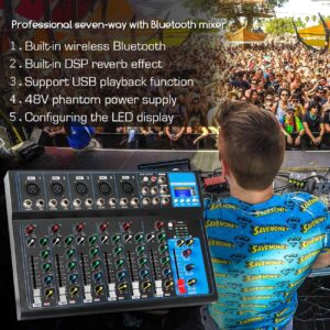 Depusheng HT7 Bluetooth Portable Audio Mixer w/USB DJ Sound Mixing Console MP3 Jack 48V Power for Computer Recording, 7-Channel Bands Mixing Boards For Studio Recording