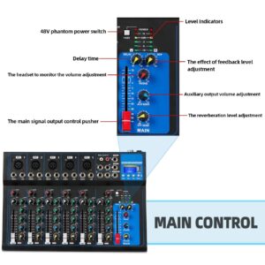 Depusheng HT7 Bluetooth Portable Audio Mixer w/USB DJ Sound Mixing Console MP3 Jack 48V Power for Computer Recording, 7-Channel Bands Mixing Boards For Studio Recording