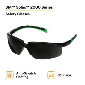 3M Safety Glasses, Solus 2000 Series, Anti-Scratch, IR Shade 5.0 Gray Lens, Black/Green Temples