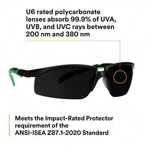 3M Safety Glasses, Solus 2000 Series, Anti-Scratch, IR Shade 5.0 Gray Lens, Black/Green Temples