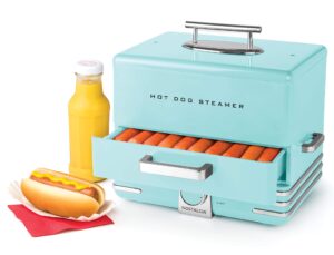 nostalgia extra large retro classic style steamer warmer, 20 hot dog and 6 bun capacity, steam bratwursts, sausages, vegetables, fish, dumplings, aqua