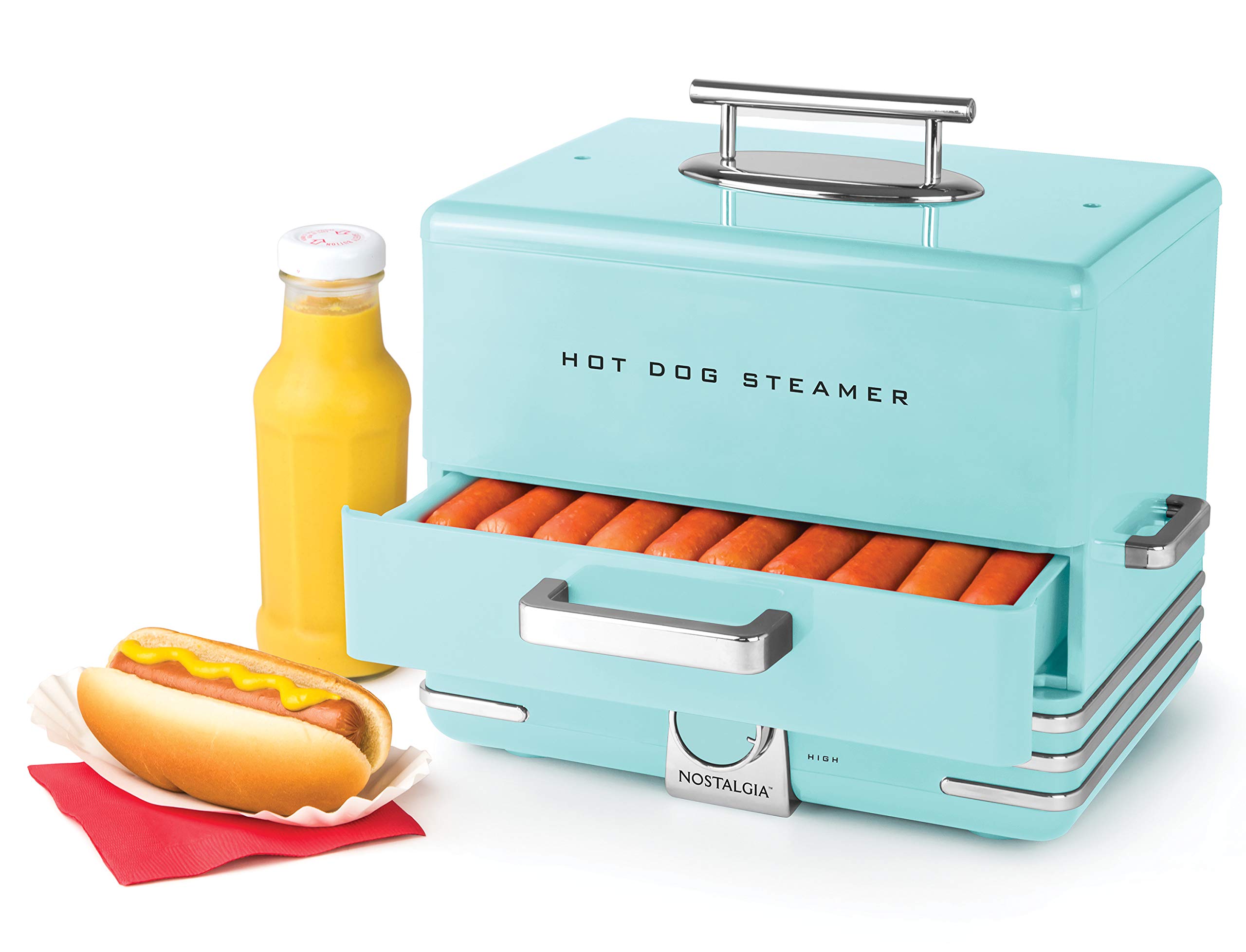 Nostalgia Extra Large Retro Classic Style Steamer Warmer, 20 Hot Dog and 6 Bun Capacity, Steam Bratwursts, Sausages, Vegetables, Fish, Dumplings, Aqua