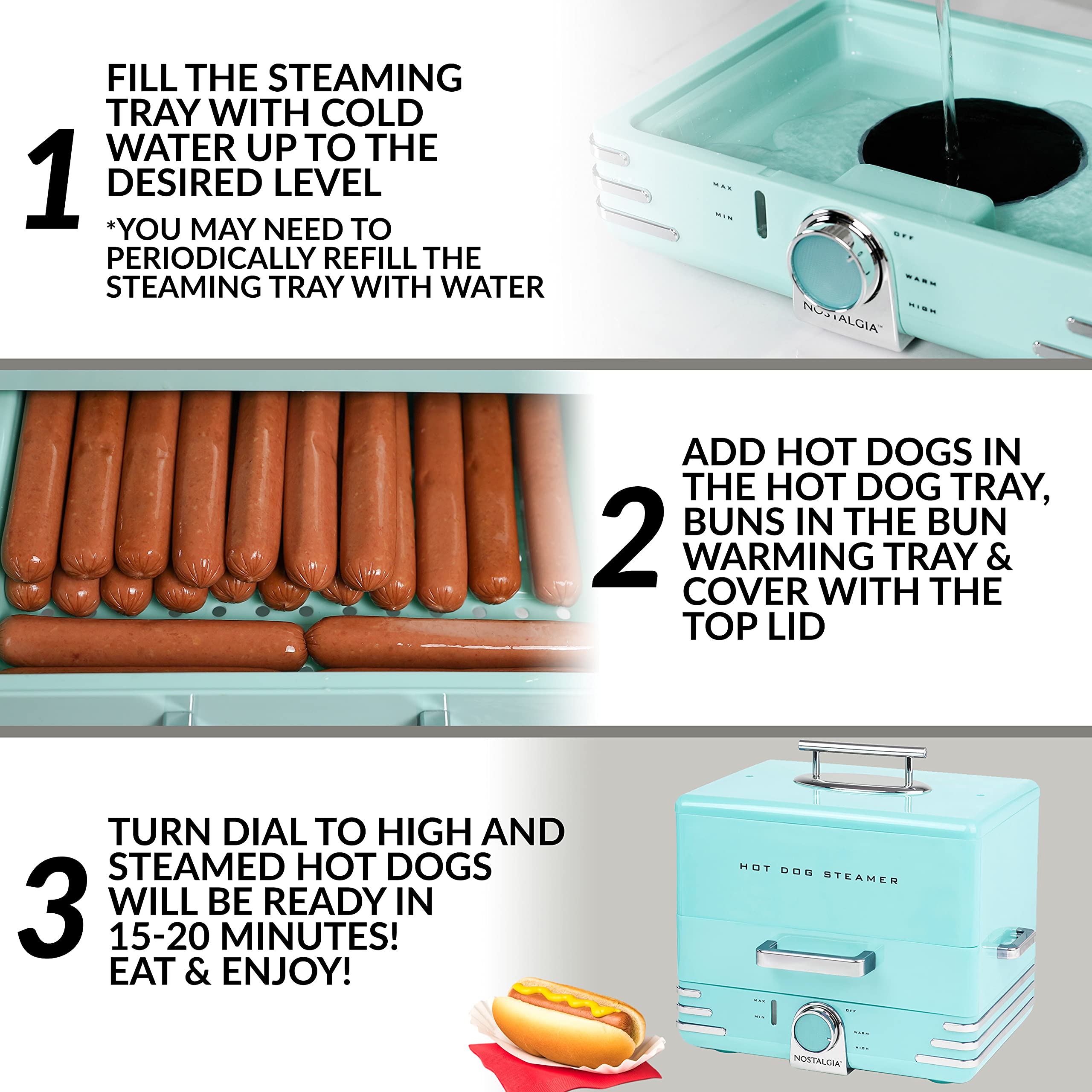 Nostalgia Extra Large Retro Classic Style Steamer Warmer, 20 Hot Dog and 6 Bun Capacity, Steam Bratwursts, Sausages, Vegetables, Fish, Dumplings, Aqua