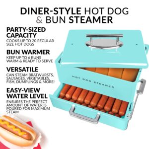 Nostalgia Extra Large Retro Classic Style Steamer Warmer, 20 Hot Dog and 6 Bun Capacity, Steam Bratwursts, Sausages, Vegetables, Fish, Dumplings, Aqua