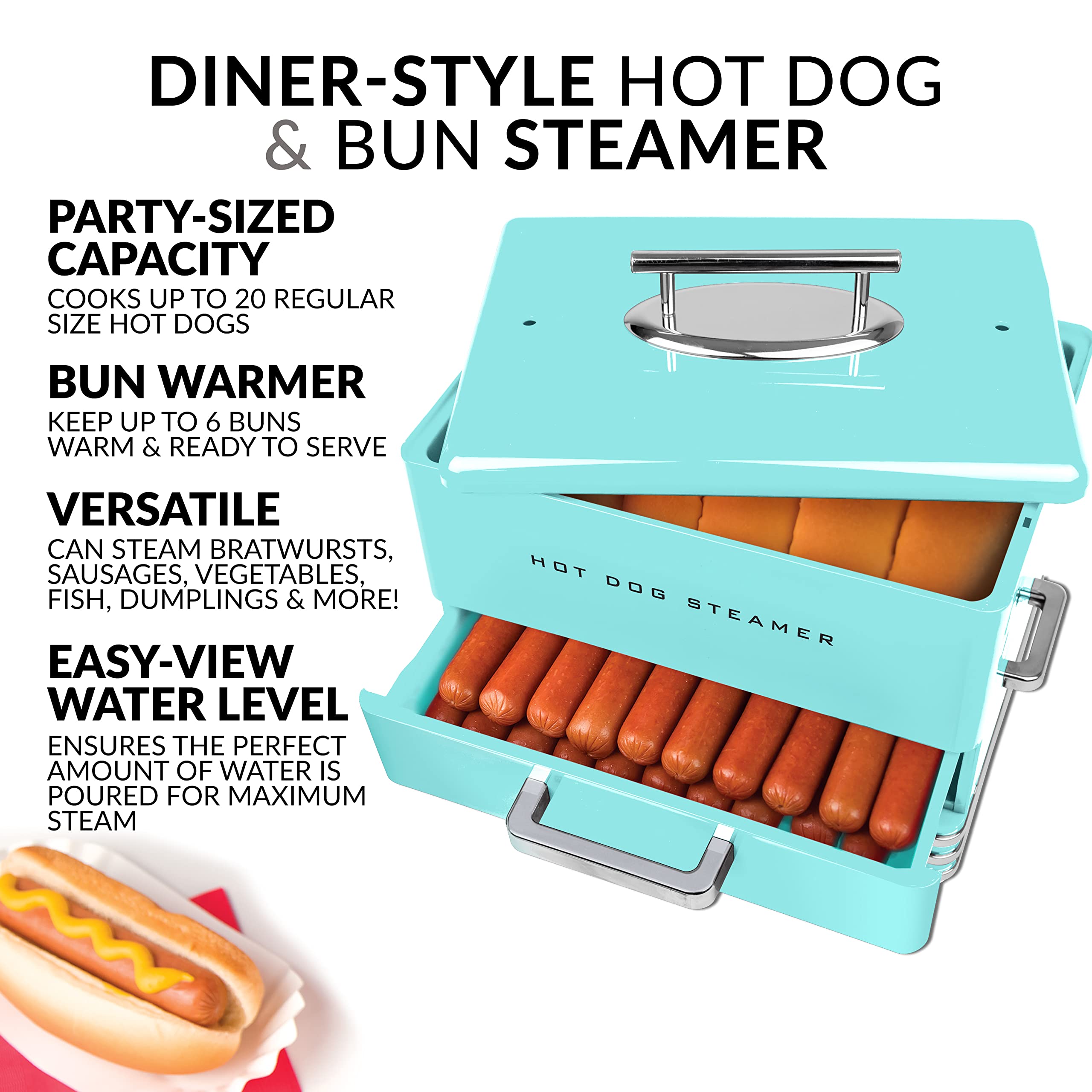 Nostalgia Extra Large Retro Classic Style Steamer Warmer, 20 Hot Dog and 6 Bun Capacity, Steam Bratwursts, Sausages, Vegetables, Fish, Dumplings, Aqua