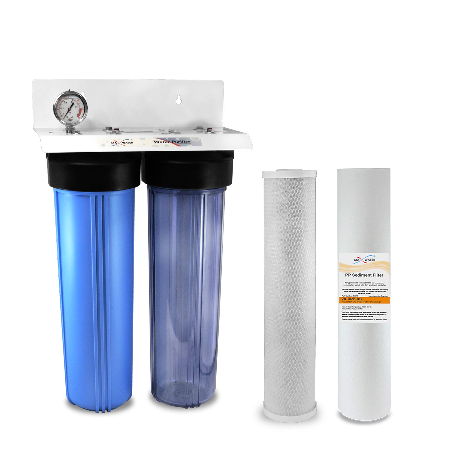 20" Dual Clear & Blue Whole House Water Filter 1" w/Pressure Gauge, Double O Ring Filter Housing, 20"x4.5" 5-Micron Sediment, CTO Carbon Water Filters