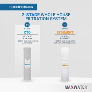 20" Dual Clear & Blue Whole House Water Filter 1" w/Pressure Gauge, Double O Ring Filter Housing, 20"x4.5" 5-Micron Sediment, CTO Carbon Water Filters