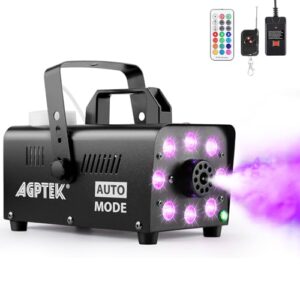 agptek smoke machine, fog machine with 13 colorful led lights effect, 500w and 2000cfm fog with 1 wired receiver and 2 wireless remote controls, perfect for wedding, halloween, party and stage effect