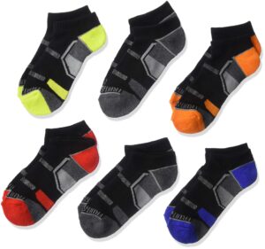 fruit of the loom boys' everyday active cushioned no show socks 6 pair, black assorted, shoe size: 3-9