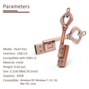 32GB USB 2.0 Flash Drive, BorlterClamp Memory Stick Retro Metal Love Heart Key Shaped Thumb Drive