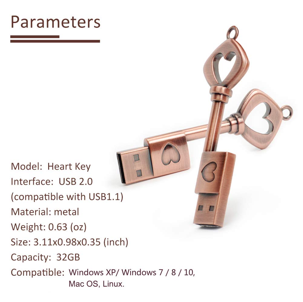 32GB USB 2.0 Flash Drive, BorlterClamp Memory Stick Retro Metal Love Heart Key Shaped Thumb Drive