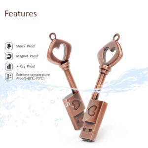 32GB USB 2.0 Flash Drive, BorlterClamp Memory Stick Retro Metal Love Heart Key Shaped Thumb Drive