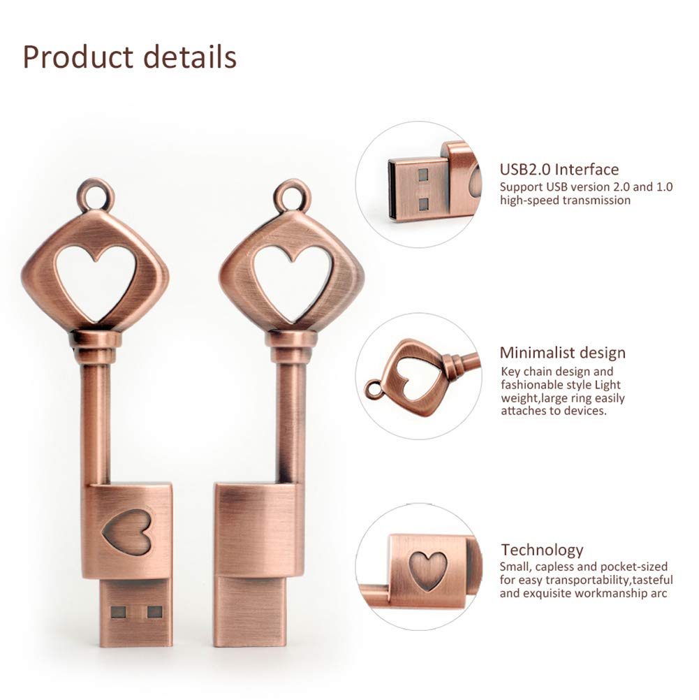 32GB USB 2.0 Flash Drive, BorlterClamp Memory Stick Retro Metal Love Heart Key Shaped Thumb Drive