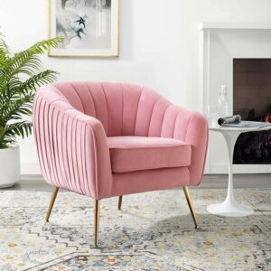 altrobene velvet accent chair, modern barrel arm chair for living room bedroom with gold finished legs, blush pink