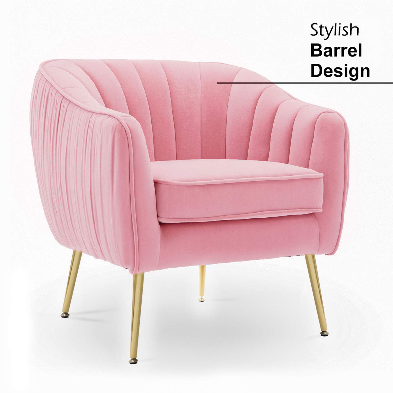 Altrobene Velvet Accent Chair, Modern Barrel Arm Chair for Living Room Bedroom with Gold Finished Legs, Blush Pink