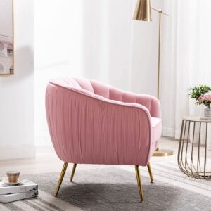 Altrobene Velvet Accent Chair, Modern Barrel Arm Chair for Living Room Bedroom with Gold Finished Legs, Blush Pink