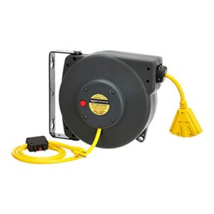 amazoncommercial extension cord reel heavy duty retractable 12awg x 40' feet industrial grade 3c/sjt cable with triple tap connector and swivel bracket power rating 15a 125vac 1875w 60hz, black