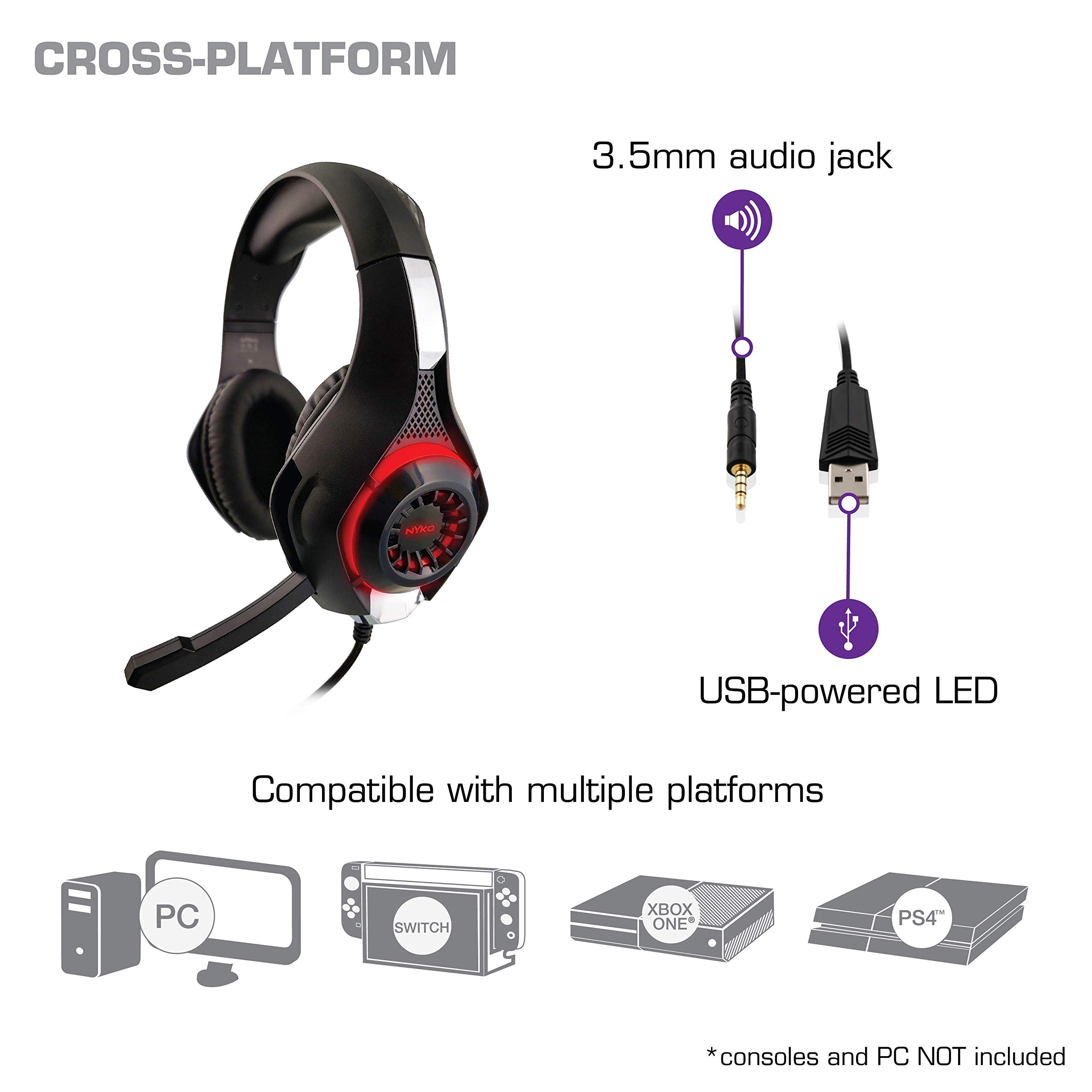 Nyko Core Universal Stereo Gaming Headset w/Retractable Microphone, Red LEDs & Soft Ear Cushions - Perfect for PS5, PS4, Xbox, PC & Nintendo Switch Gaming!