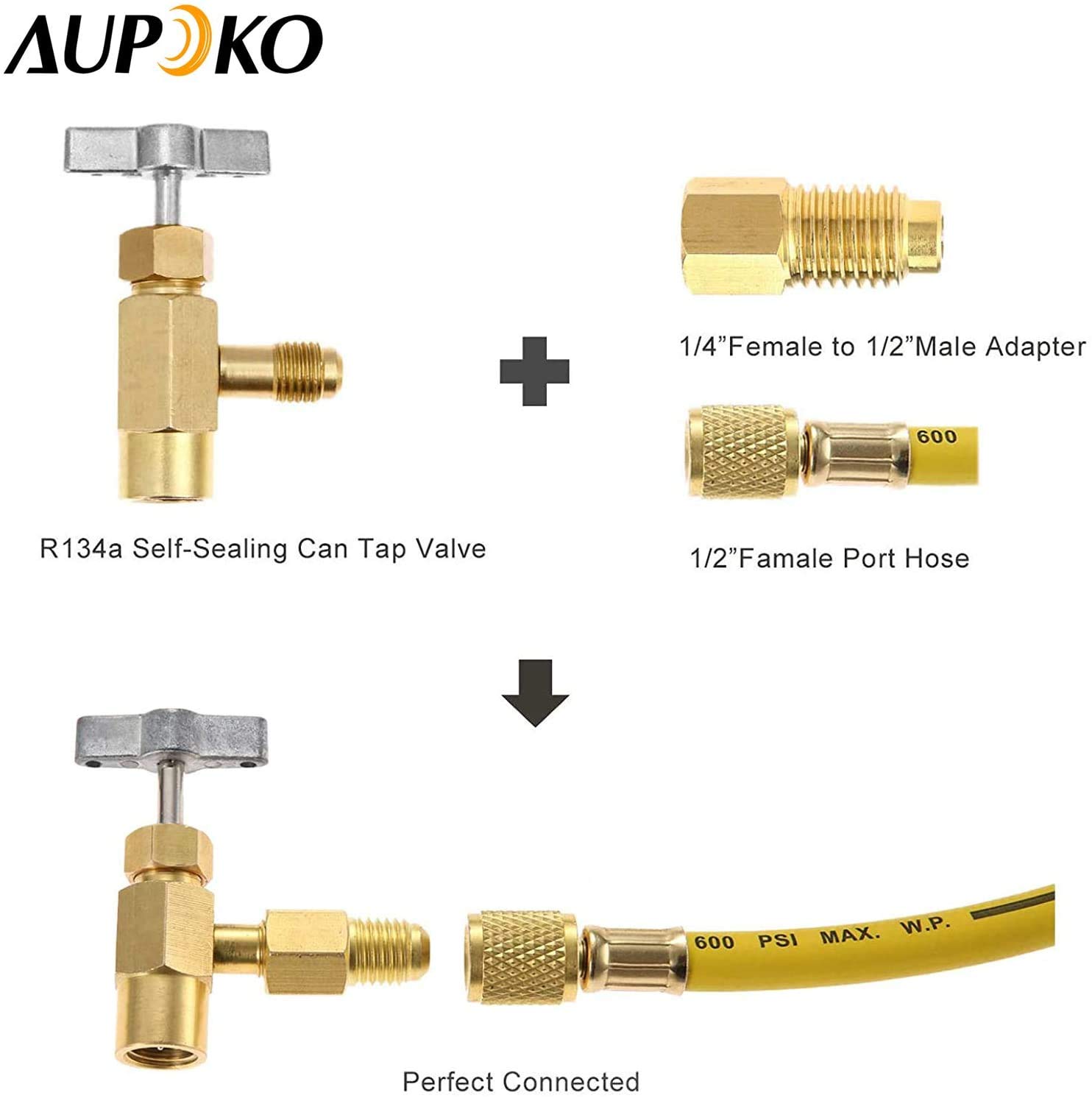 Aupoko R134A Self-Sealing Can Tap with R134A Tank Adapter, 1/2’’ Acme to 1/4’’ SAE Refrigerant Can Bottle Tap Opener with 1/4’’ SAE Female and 1/2’’ Acme Male Adapter