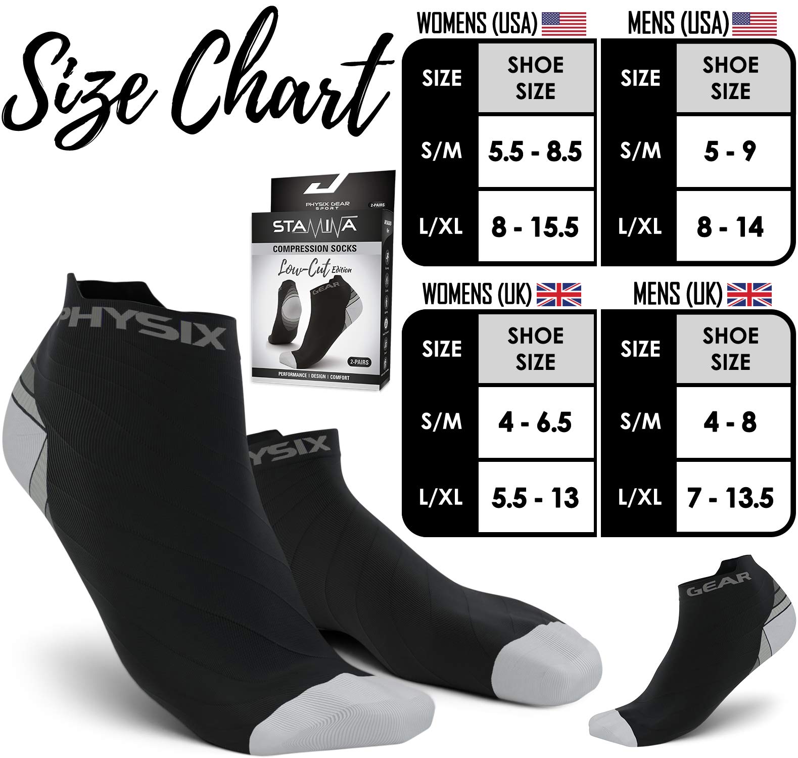 Physix Gear Sport Low Cut Socks Men & Women - Ankle Compression Running Socks (2Pair Blk-Gry L/XL)