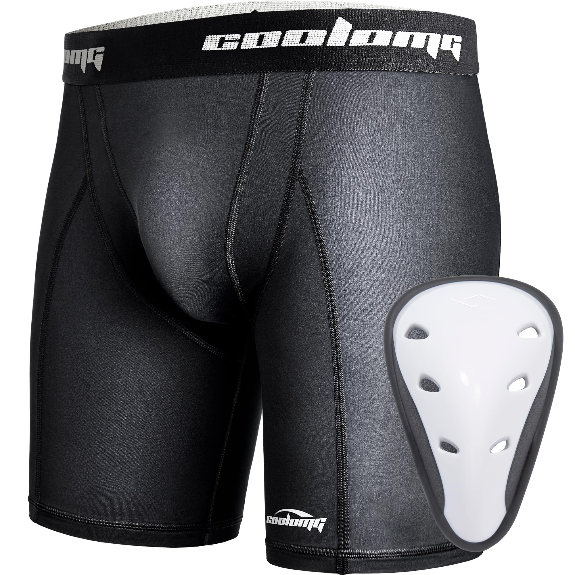 COOLOMG Youth Boys Compression Shorts with Protective Cup Sliding Underwear for Baseball Lacrosse Football Black M