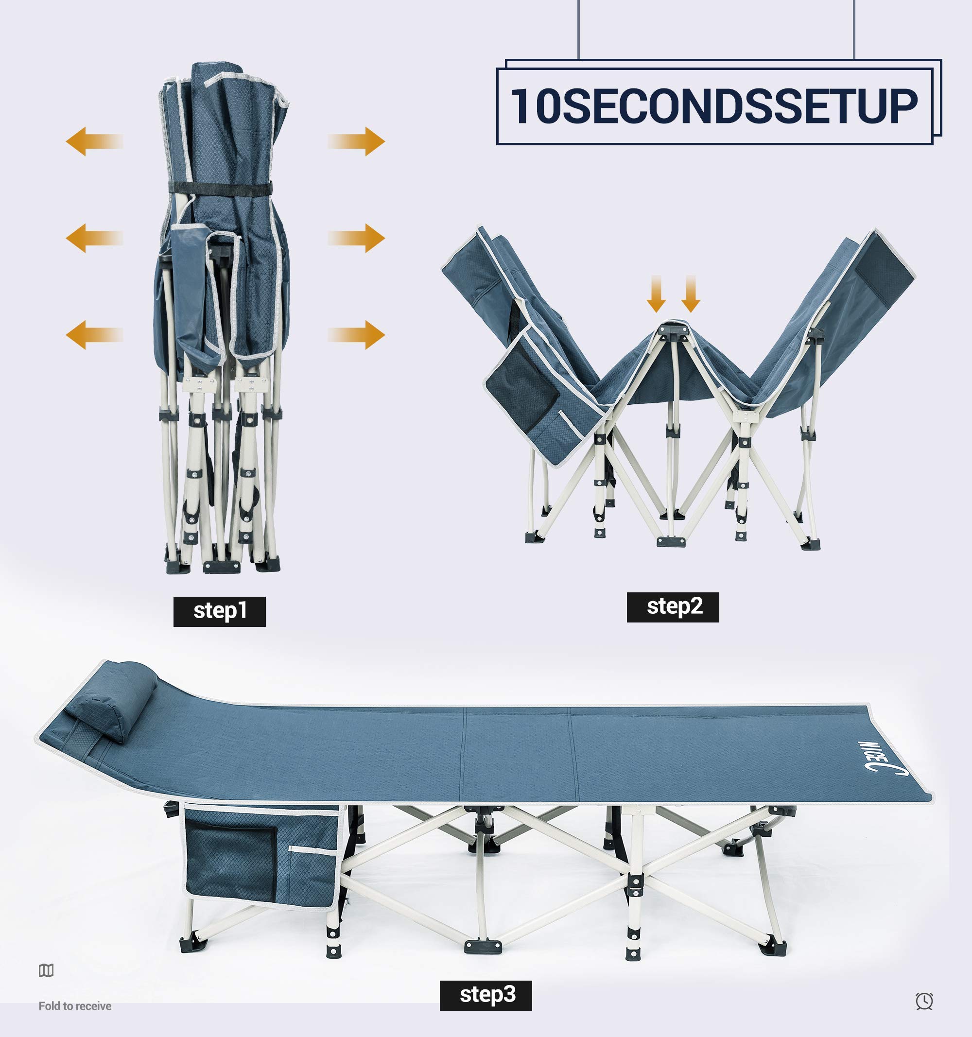 Nice C Camping Cots, Camping Cots with Mattress, for Adults, Folding Cot, with Pillow, Carry Bag & Storage Pocket, Extra Wide Sturdy, Holds Up to 500 Lbs (1, Grey)